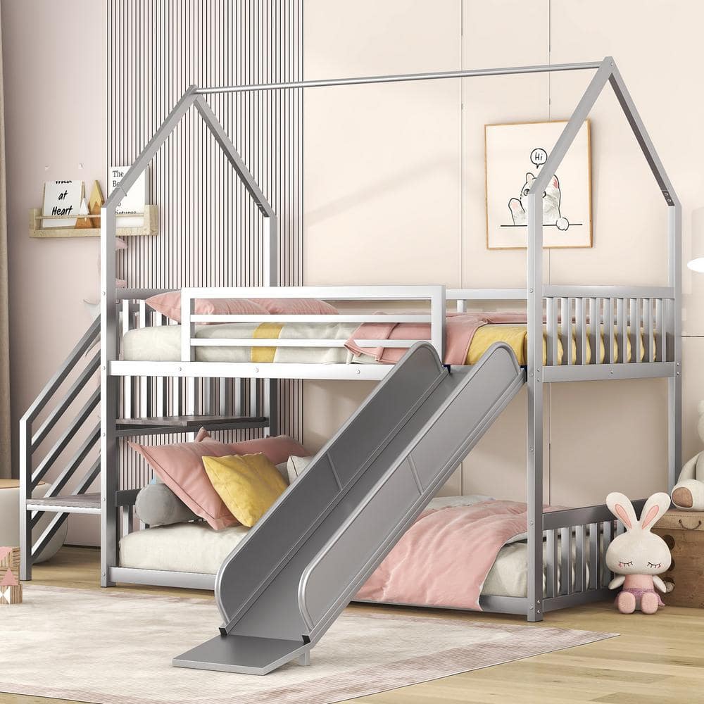 Polibi Twin over Twin Metal House Bunk Bed with Slide and Staircase ...