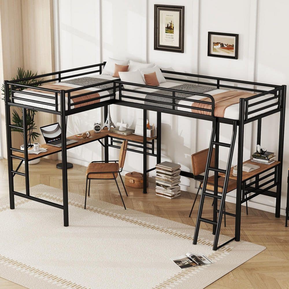 Harper & Bright Designs L-shaped Black Metal Twin Size Loft Bed with 2 ...