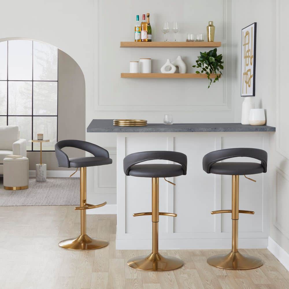 LumiSource Grotto Upholstered 39.5 in. Grey Faux Leather and Gold Metal ...