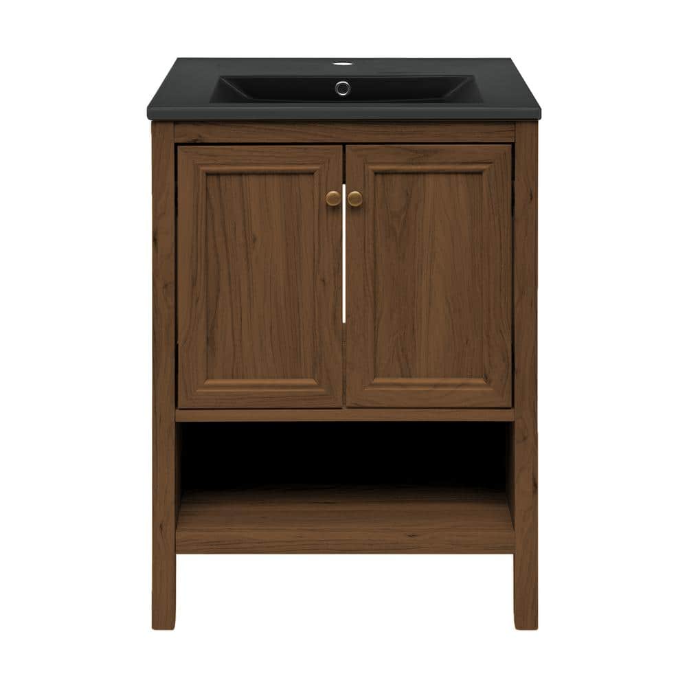 Swiss Madison Chateau 24" Freestanding Bathroom Vanity in Brown Oak with Black Sink Top SM ...
