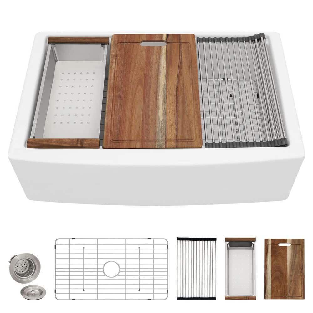 Fulorni 33 in. Curved Apron Front Gloss White Fireclay Farmhouse Sink ...