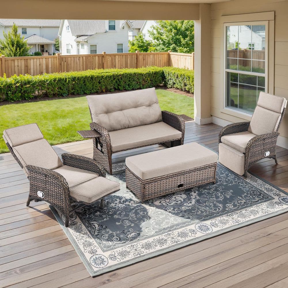Opohoro PlainCurve Brown 4-Piece Wicker Patio Conversation Set with ...