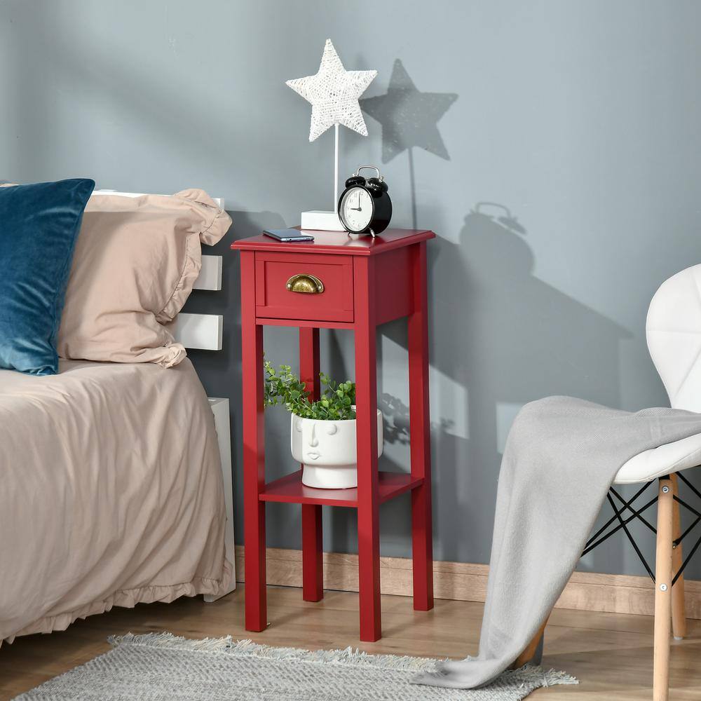 HOMCOM 11.75 in. x 11.75 in. x 29.5 in. 2-Tier Red Night Stand with ...