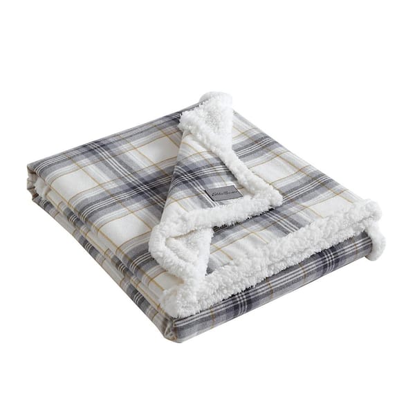 EDDIE BAUER Edgewood Plaid Sherpa Gray Cotton Throw Blanket ...