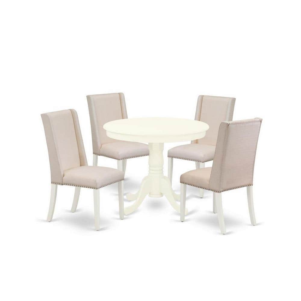 East West Furniture 5-Piece Round Linen White Finish Solid Wood Top ...