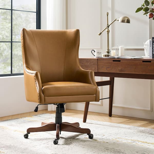 JAYDEN CREATION Christian CamleTransitional 46 in. Tall Office Executive Chair Tilting with Copper Nailheads and Wood Legs OFS1115 CML