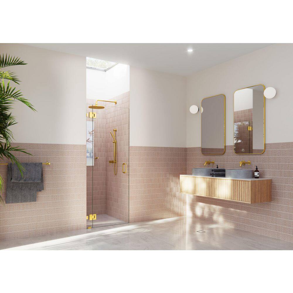 Glass Warehouse Halo 34 in. W x 78 in. H Glass Hinged Frameless Shower Door in Satin Brass with ...