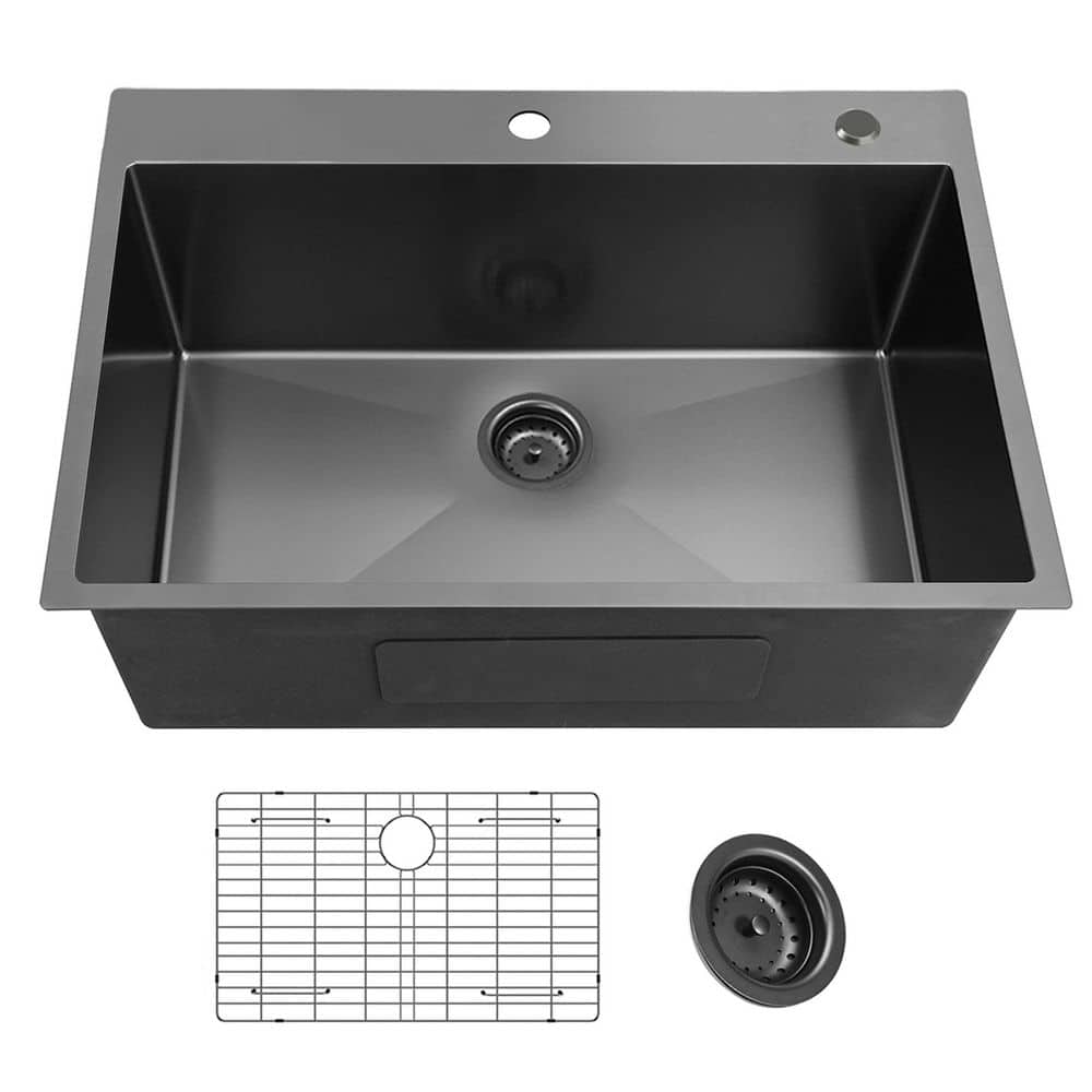 Topmount 30 in. Drop-In Single Bowl 18 Gauge Gunmetal Black Stainless ...