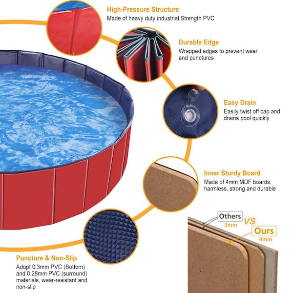 ITOPFOX 4 ft. x 4 ft. Red Foldable Round 11.8 in. D PVC Kiddie Pool Pet ...
