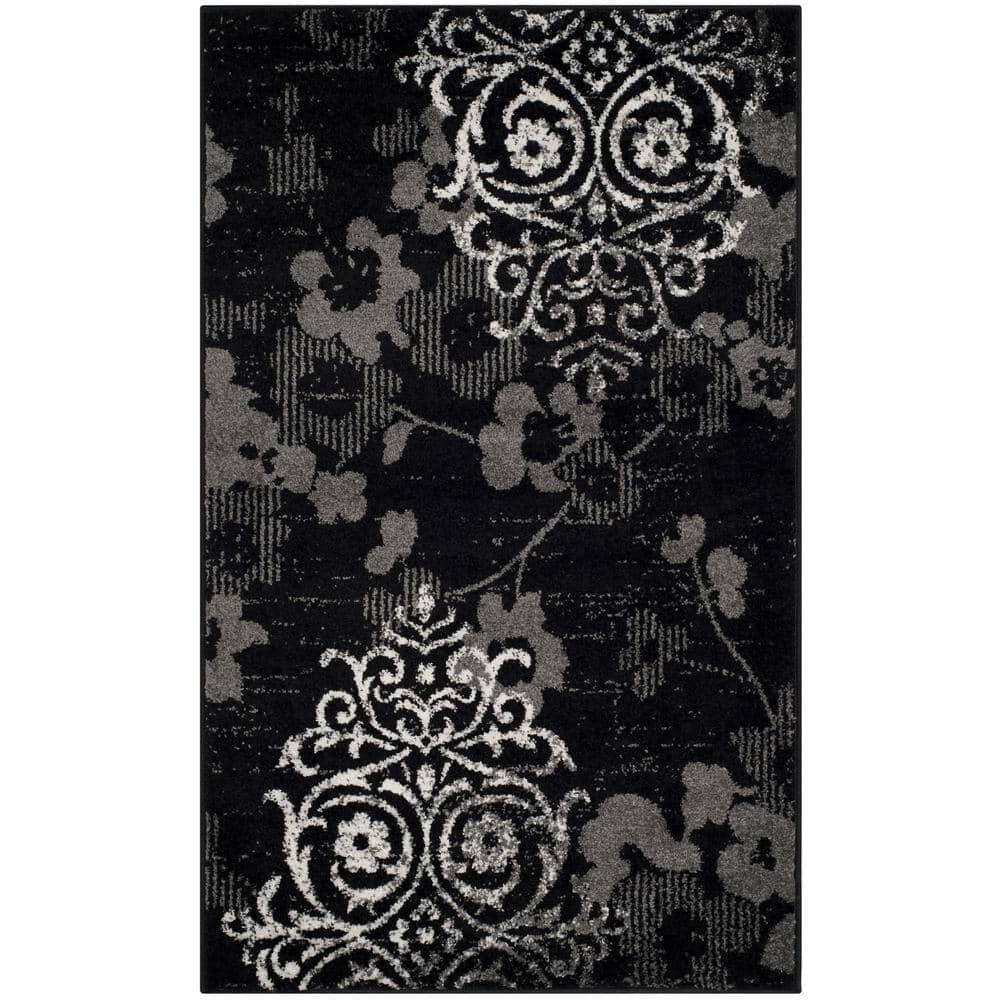 SAFAVIEH Adirondack Black/Silver Doormat 3 ft. x 5 ft. Floral Area Rug ...