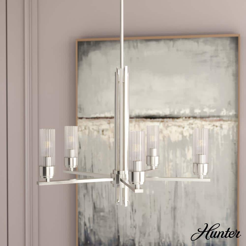 Hunter Gatz 5-Light Brushed Nickel Candlestick Chandelier with Ribbed ...