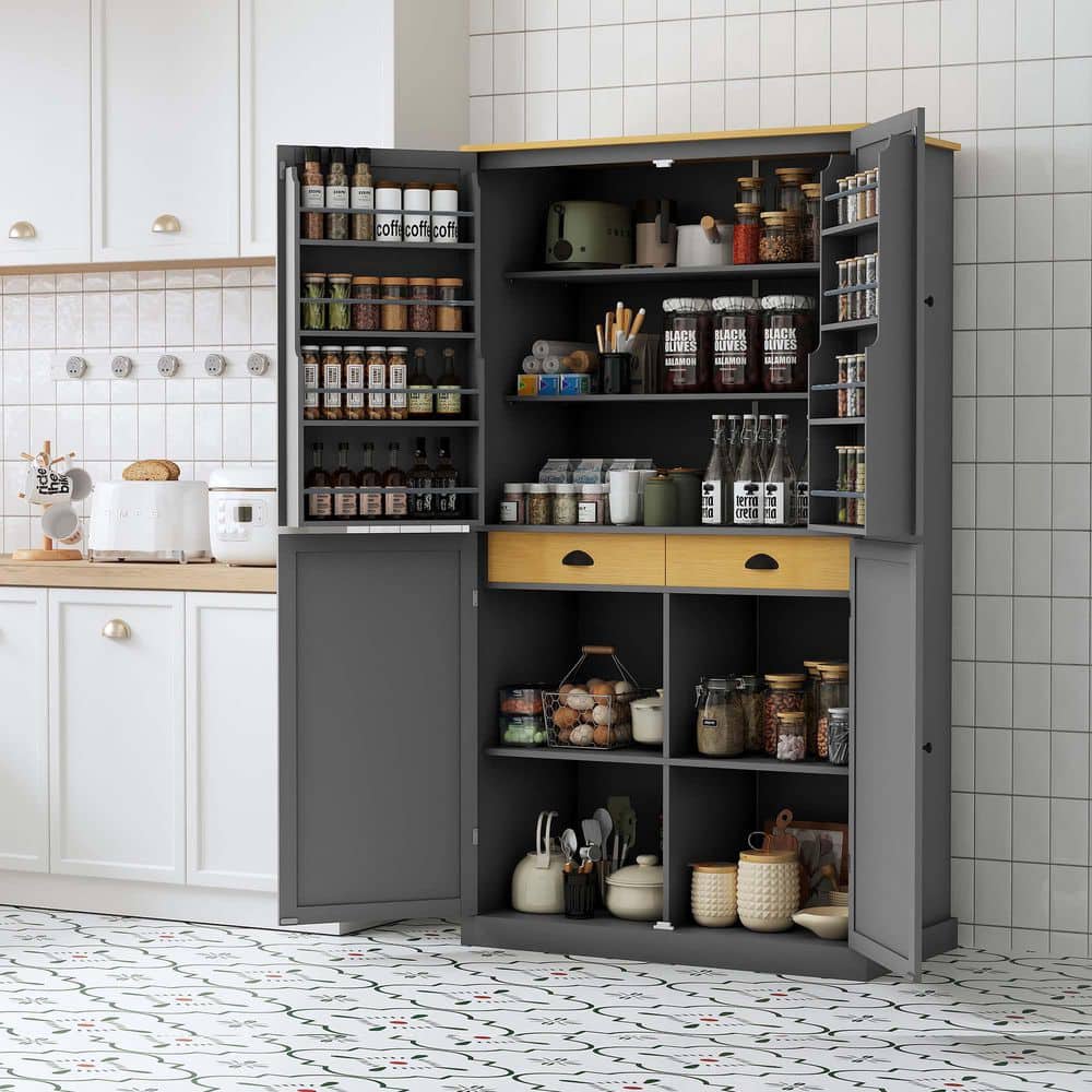 XUJMK 40 in. W x 20 in. D x 71 in. H Gray Linen Cabinet, Freestanding Kitchen Pantry Large ...