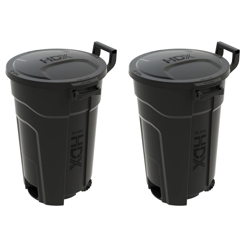 HDX 32 gal. Black Heavy Duty Outdoor Trash Can with Wheels and Domed ...