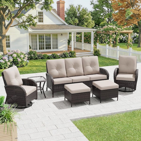 PremDwell 6-Piece Dark Brown Wicker Outdoor Patio Conversation Set with ...