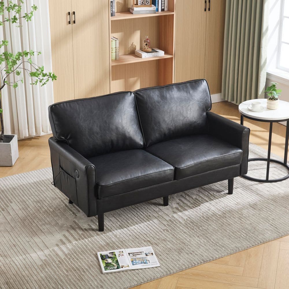 HOMEFUN 57 in. Mid Century Modern PU Loveseat Sofa with USB and ...