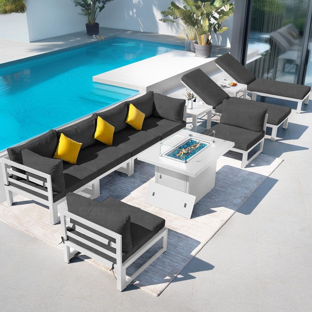 FINCATI 11-Piece White Aluminum Outdoor Patio Conversation Set with Dark Gray Cushion, Deep ...