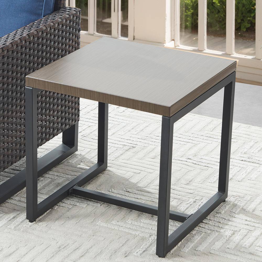 Opohoro U-Weave Brown Square Metal Outdoor Side Table with Steel Wood ...