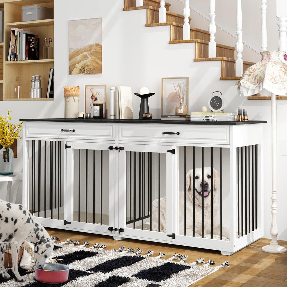 FUFU&GAGA Large Wooden Dog Kennels with Drawers and Divider, Furniture Style Dog Crate White Dog ...