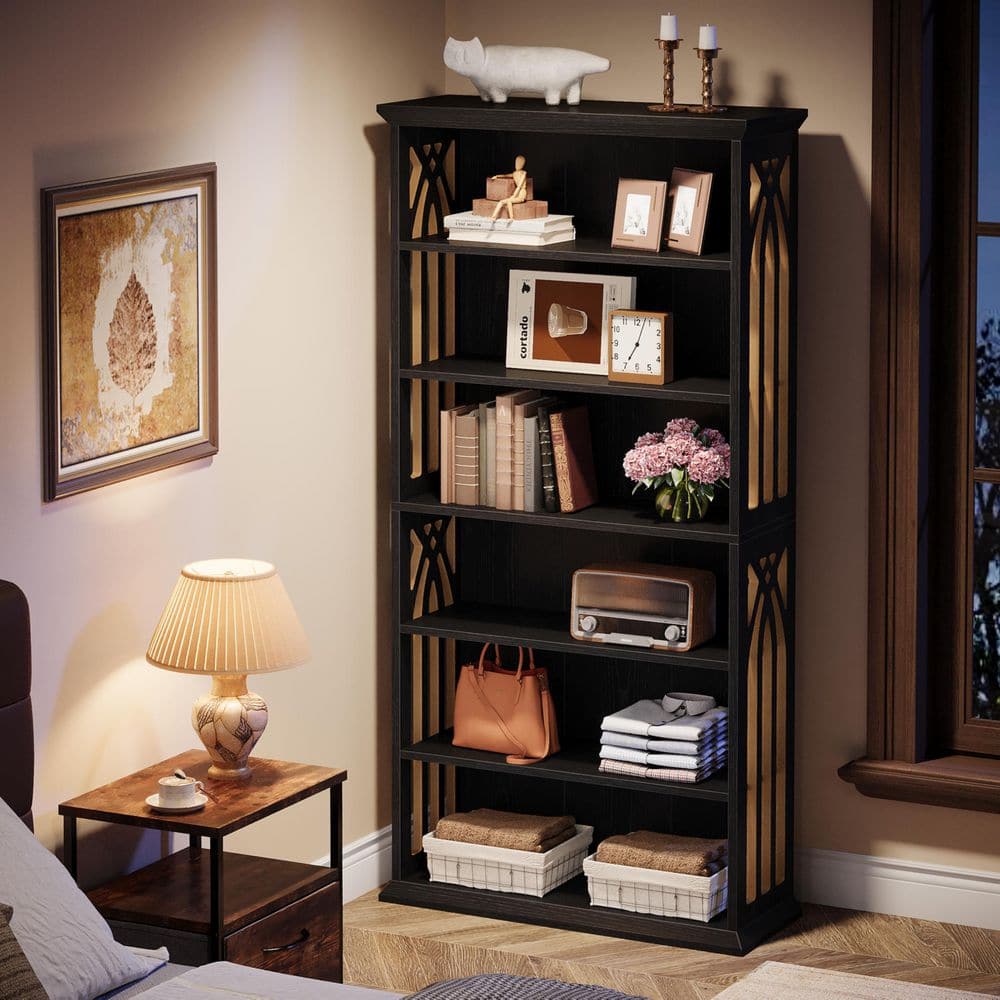 BYBLIGHT Eulas 75 in. Tall Black Wood 6-Shelf Standard Bookcase with ...