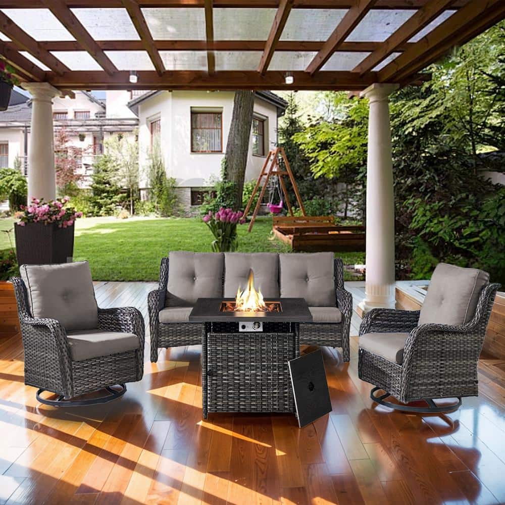 moosprr Arcline 4-Piece Gray Wicker Fire Pit Conversation Set with ...