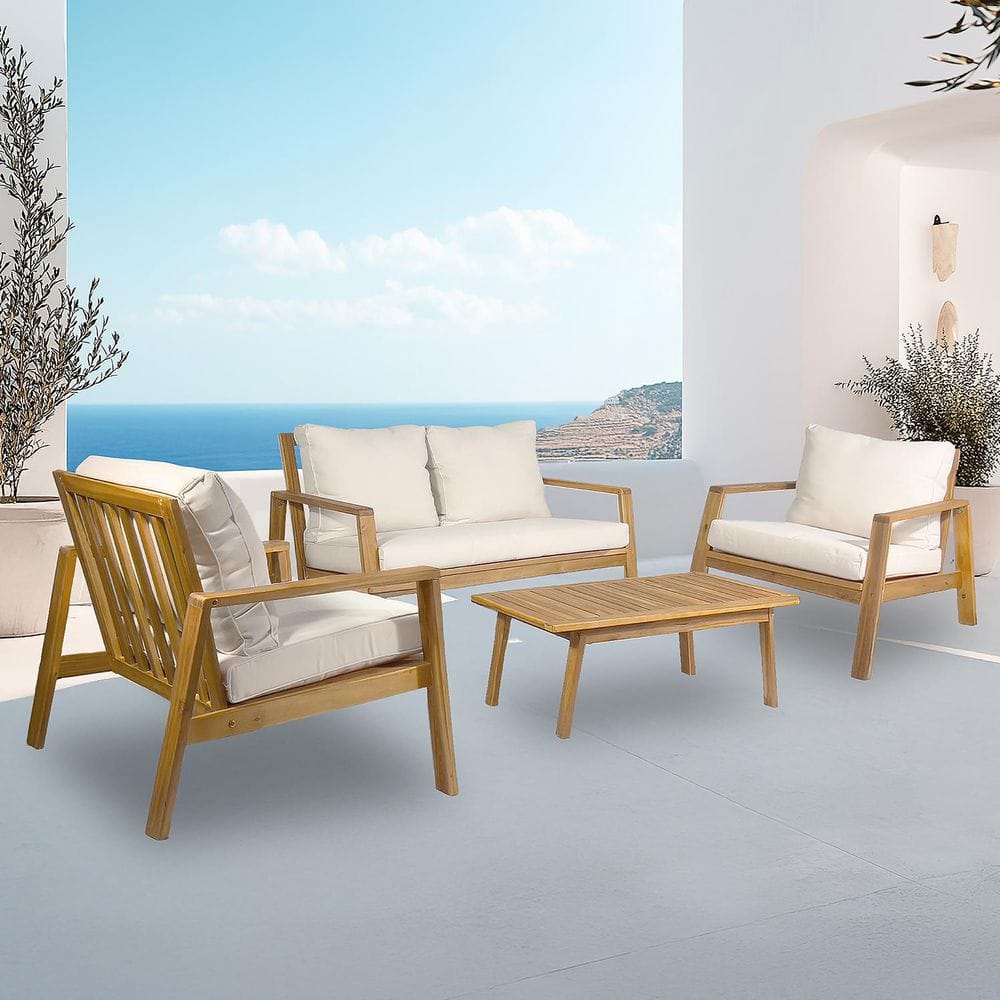 Kinger Home 4-Piece Deep Seating Acacia Wood Outdoor Patio Conversation ...