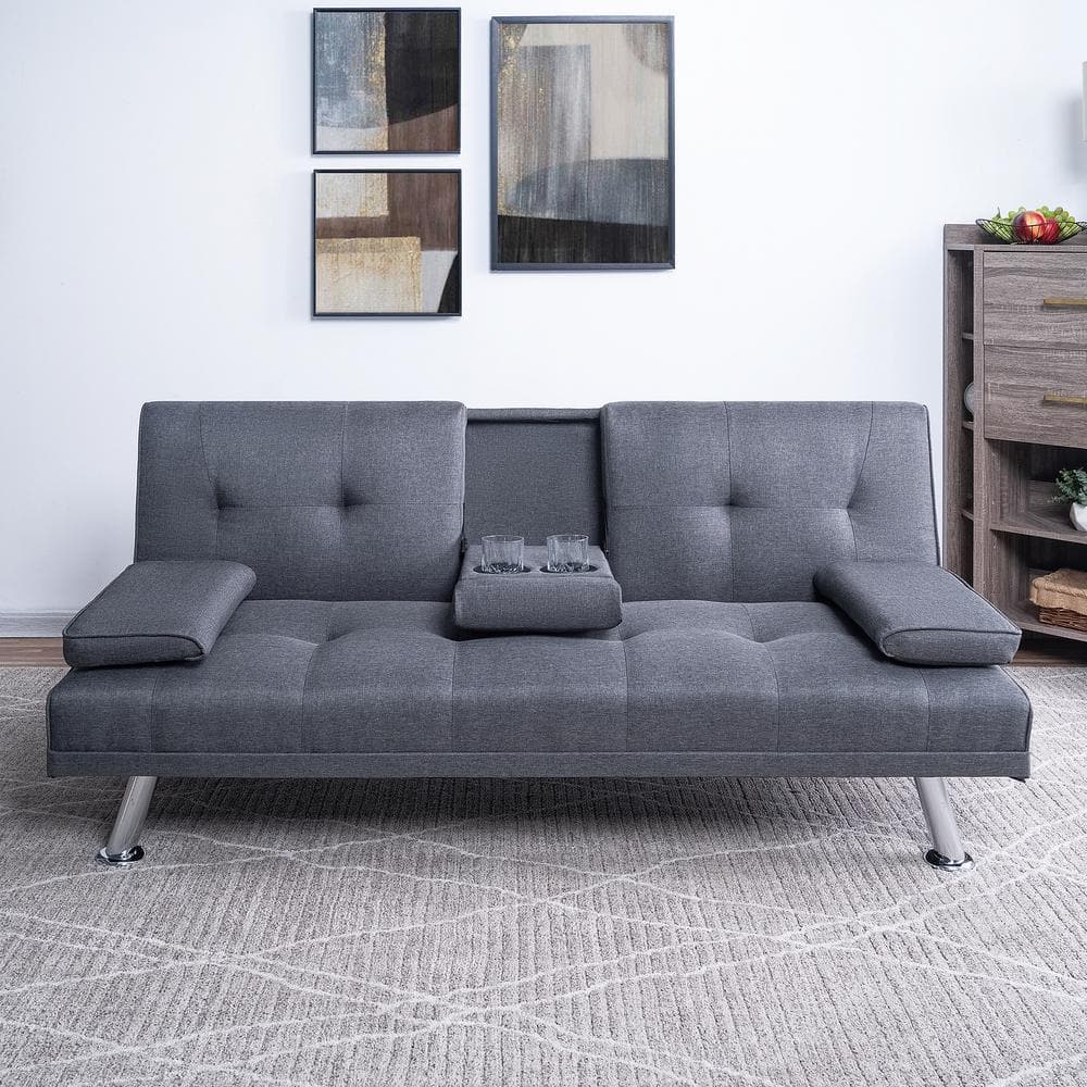 MAYKOOSH Dark Gray Linen Futon Sofa Bed with Armrest and 2-Cup Holders ...