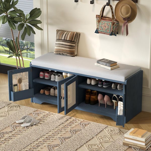 Harper & Bright Designs Antique Navy Storage Bench with Removable Beige ...