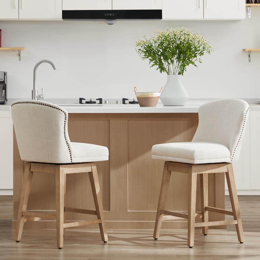 Spruce & Spring 26 in. Elsie Linen High Back Wood Swivel Counter Stool ...