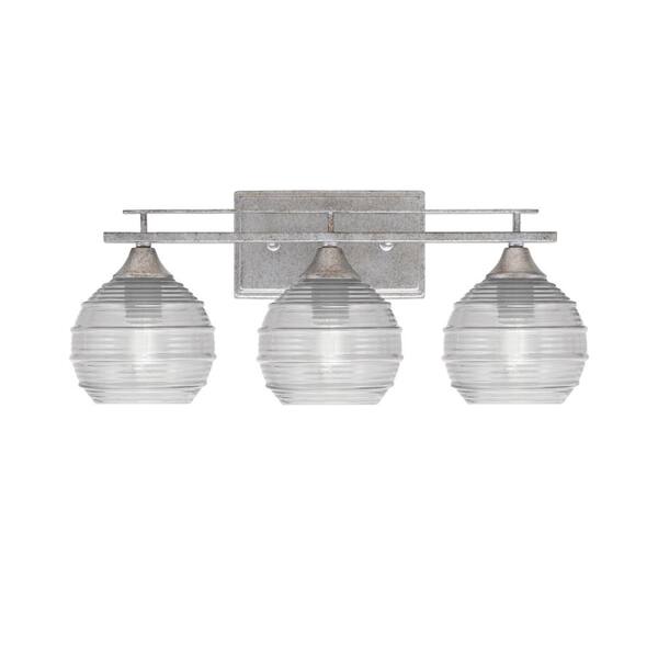 Ontario 20.75 in. 3-Light Vanity Light Aged Silver Clear Ribbed Glass ...