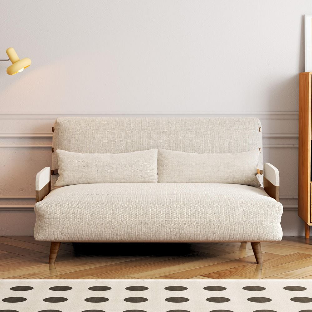 JASIWAY 59.06 in. Beige Wood Frame Faux Leather Sofa Bed J-P2209Y-150 ...