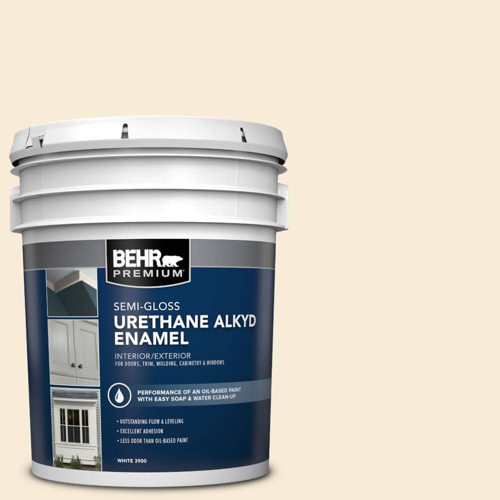 BEHR PREMIUM 5 gal. #YL-W04 Linen White Urethane Alkyd Semi-Gloss ...