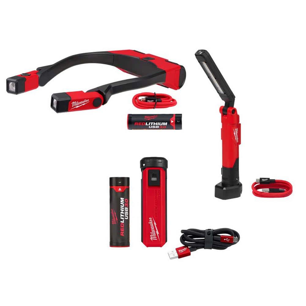 Milwaukee 400 Lumens LED REDLITHIUM Rechargeable Neck Light and 550 Lumens LED USB Stick Light ...