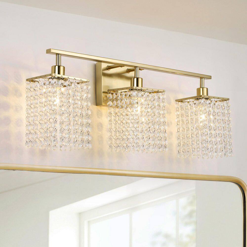 Rennnsan Aaliyah Contemporary 24 in. W Glam Gold 3-Light Square Crystal Vanity Light with ...