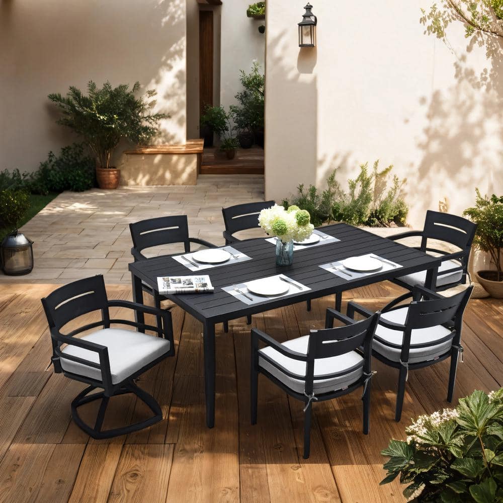 Zeus & Ruta 7-Piece Ember Black Aluminum Outdoor Dining Set with White Cushions, 4 Dining Chairs ...