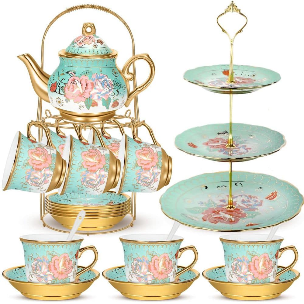 Numhew 21-Piece 6-Cup Green Porcelain Tea Pot Set with Cups, Saucers ...