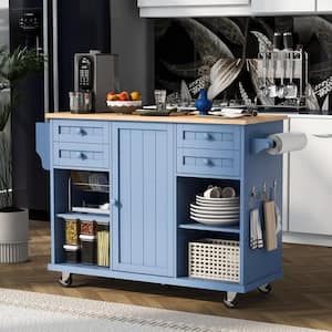 Harper & Bright Designs 52.8 in. W Blue Kitchen Cart with Rubber Wood ...