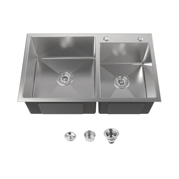 HMMHVV 32 in. Drop-In Double Bowl 20-Gauge Stainless Steel Workstation ...