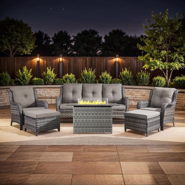 moosprr 6-Piece Gray Wicker Fire Pit Conversation Set with Olefin Gray ...