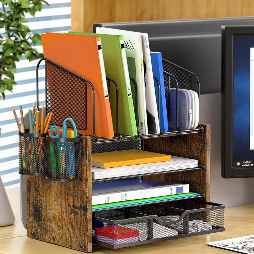 Brown 13.5 in. x 16.3 in. Metal Desk Organizers with 5 Vertical File ...
