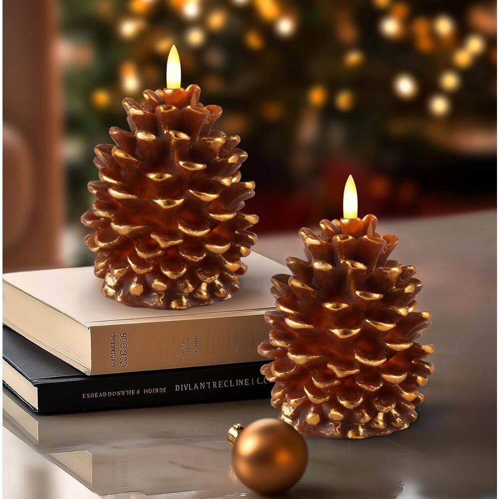 Brown Battery Powered 2 Pcs Flameless Pine Cone Candle, Wax Christmas ...