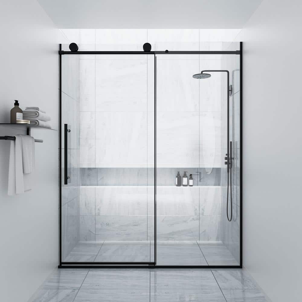 NANAWO HAIMA 48 in. W x 74 in. H Single Sliding Frameless Shower Door in Matt Black with Clear 5 ...