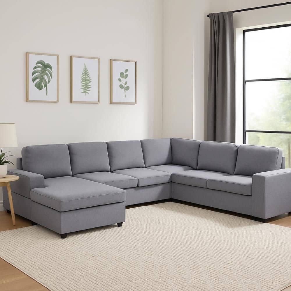 Benjara Fenie 147 in. Square Arm Linen U-Shaped Loose Back Style Sofa ...