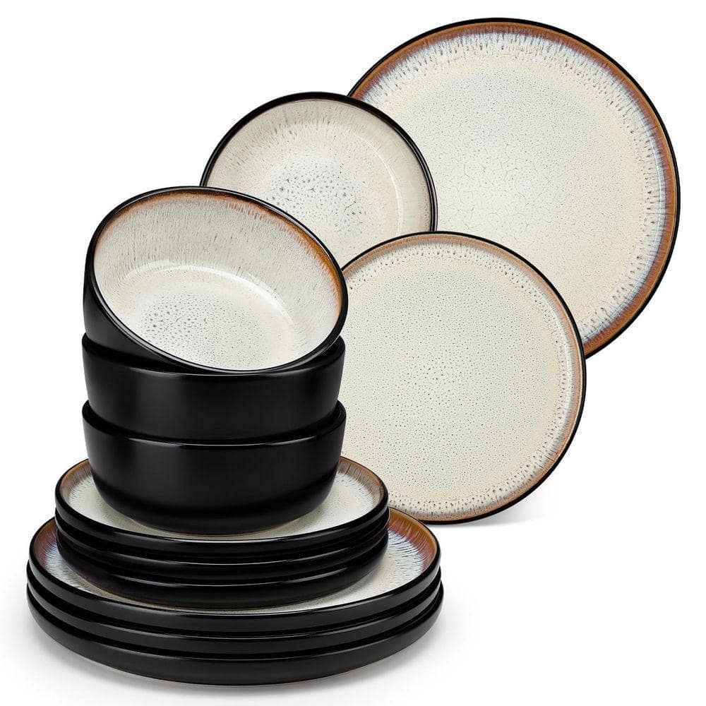 vancasso Series Amber 12-Piece Yellow and Black Stoneware Dinnerware ...