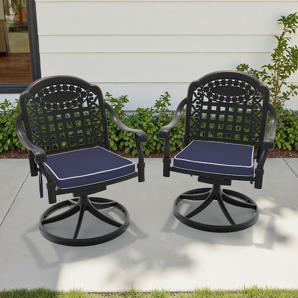 Black Cast Aluminum Swivel Rocker Outdoor Patio Dining Chairs with Blue ...