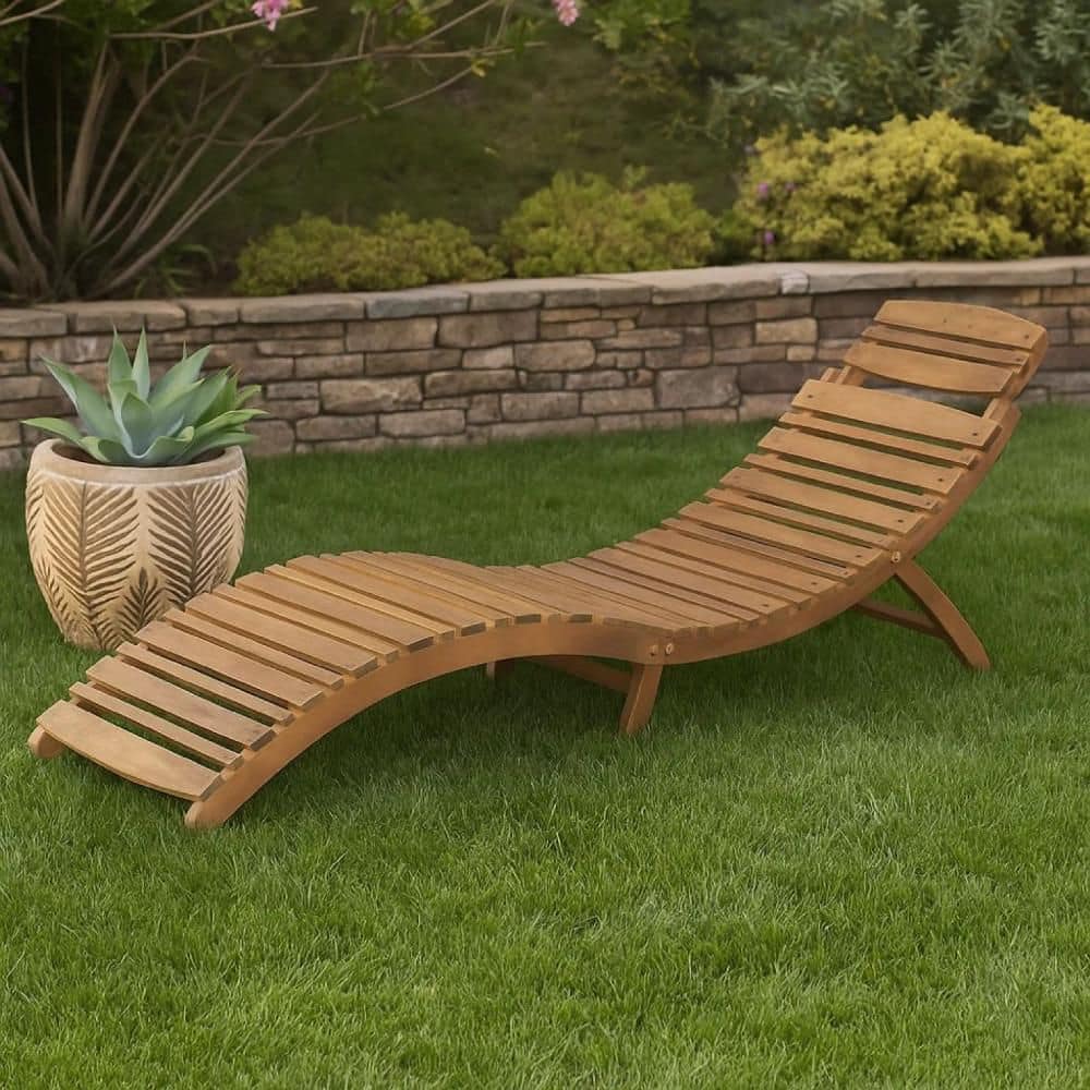 Benjara Hanie Brown Acacia Wood Outdoor Foldable Chaise Lounge with ...
