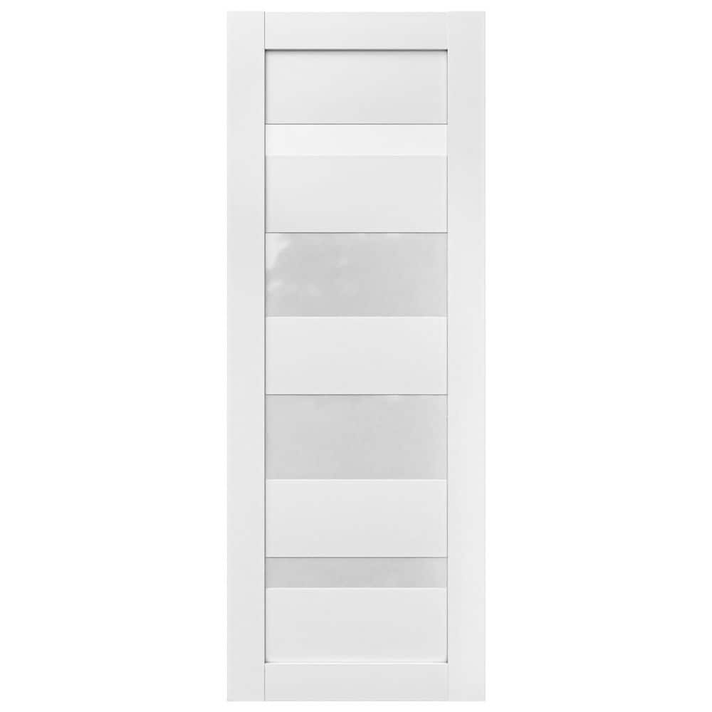 VILLAR HOME DESIGNS 32 in. x 92 in. 5 Panel Solid Wood 4-Lite Frosted ...
