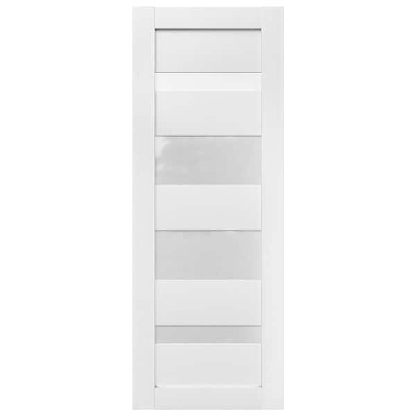 VILLAR HOME DESIGNS 32 in. x 96 in. 5 Panel Solid Wood 4-Lite Frosted ...
