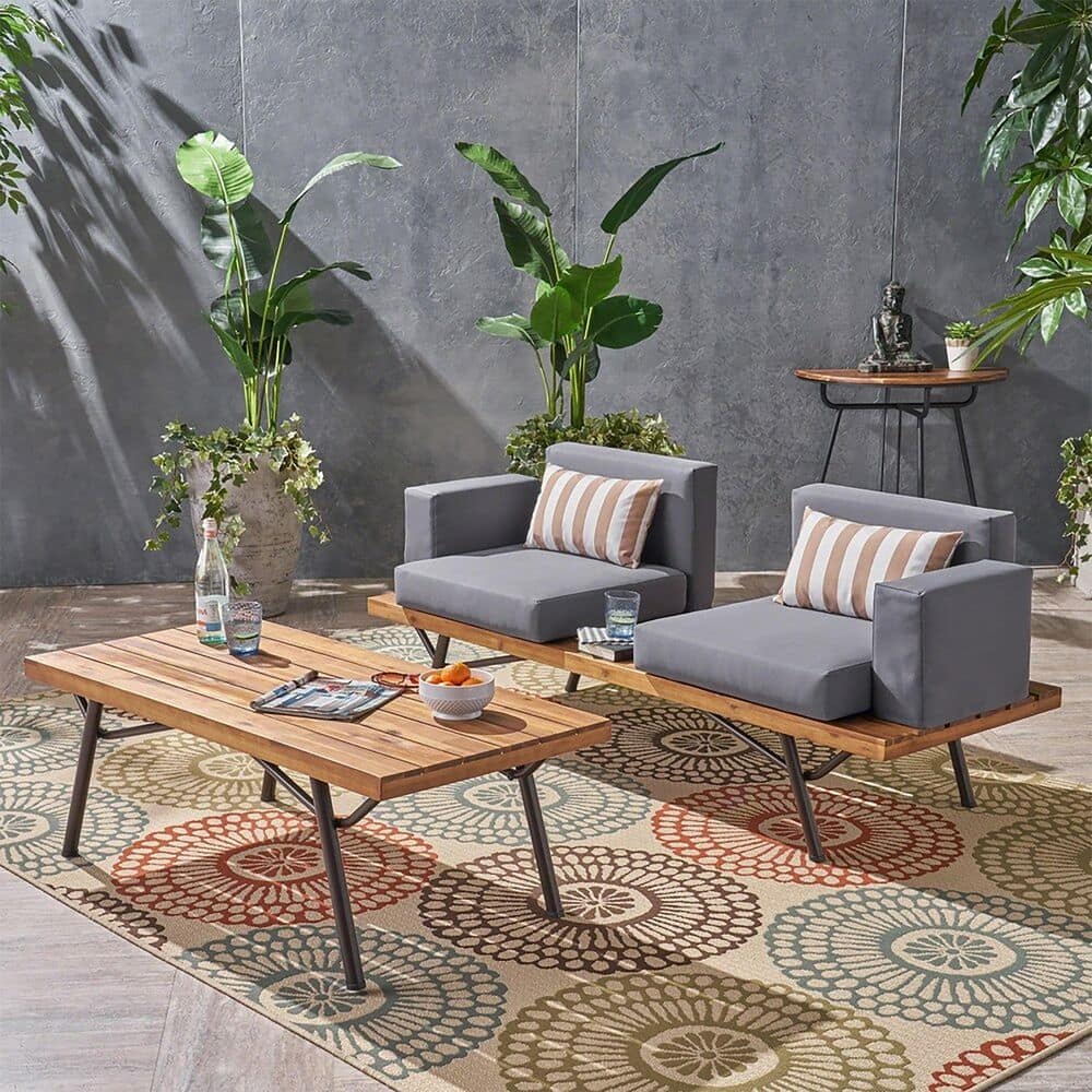 Gray Brown Wood Outdoor Couples Lounge Chair with Gray Cushions and ...