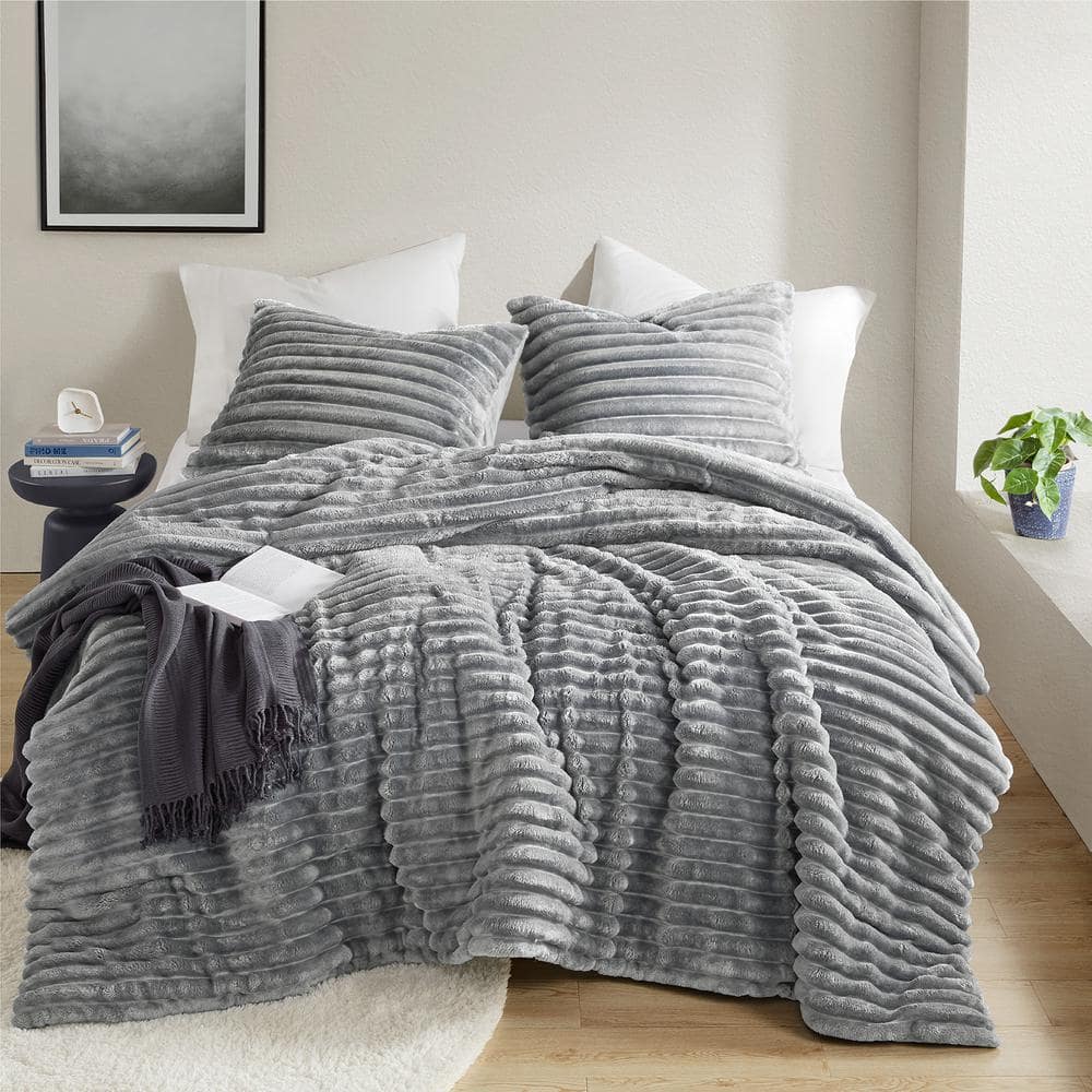 510 Design Avril 3-Piece Gray Microfiber Full/Queen Fluffy Ribbed Plush ...
