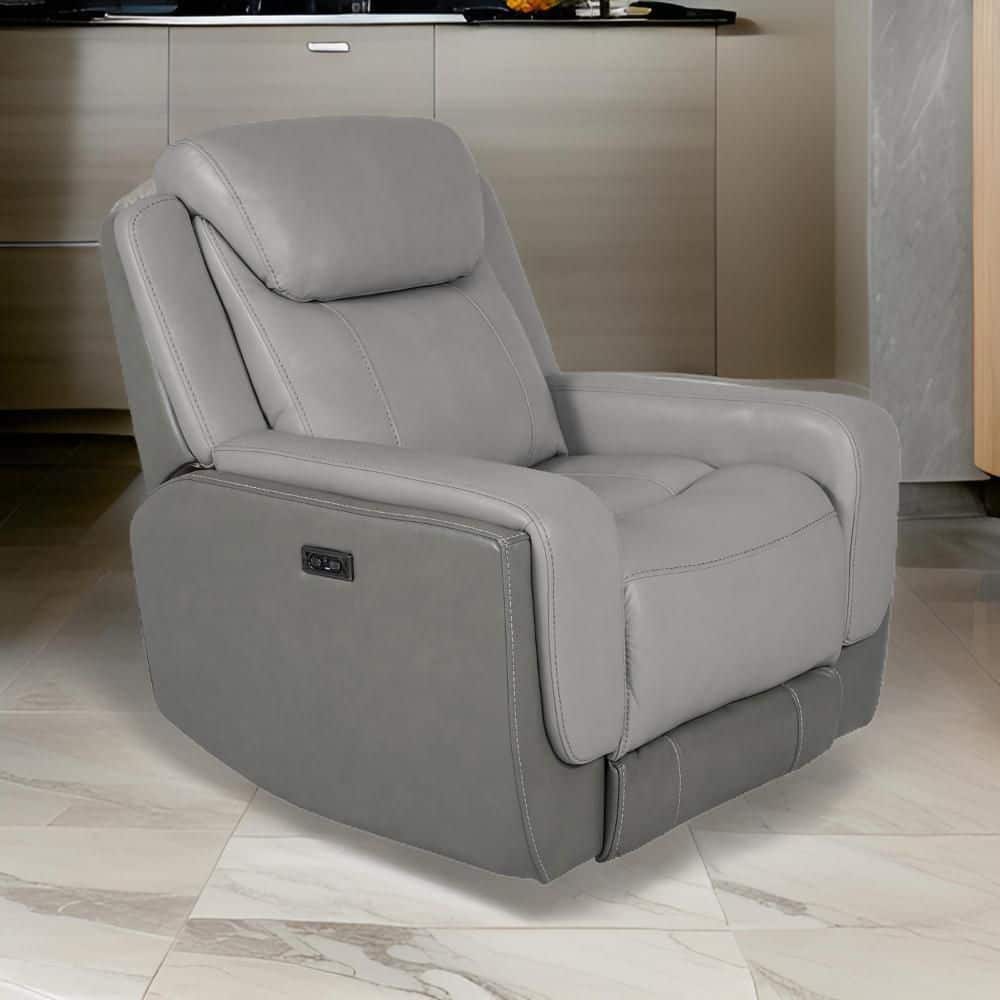 Benjara Alysn Silver and Gray Faux Leather Glider Power Recliner Chair ...